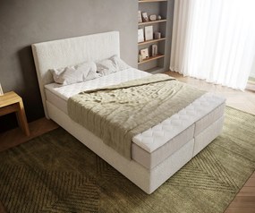 DELIFE Boxspring postel Dream-Well 140x200 cm bouclé krémovo-bílá s taštičkovou pružinovou matrací a visco topperem