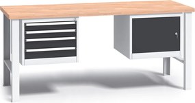 Pracovní stůl do dílny G3 se závěsným boxem a skříňkou na nářadí, buková spárovka, 4 zásuvky, pevné kovové nohy, 2000 mm, grafit