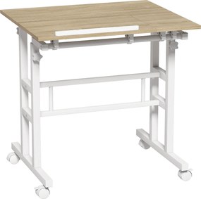 HOMCOM sedací‑stojací stůl výškově nastavitelný 70 x 60 cm na kolečkách s naklápěcí deskou, kovový rám, hnědý