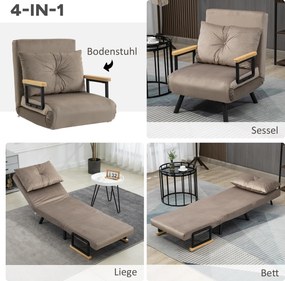 HOMCOM Křeslo s funkcí lůžka, 63 x 73 x 81 cm, s opěradlem nastavitelným v pěti směrech, prostorově úsporné, robustní, sametový vzhled, světle hnědé|…