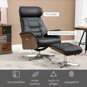 HOMCOM polohovací křeslo s taburetem a funkcí polohování, otočné TV křeslo do 150 kg, umělá kůže černá pro pohodlí a relaxaci | Aosom.de
