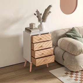 HOMCOM Komoda se 4 zásuvkami pro ložnici, noční stolek se zvýšenýma nohama do obývacího pokoje 40x30x75 cm Bílá a přírodní | Aosom