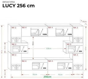 Ral Obývací stěna LUCY 8, 256 cm - Bílo/černý lesk