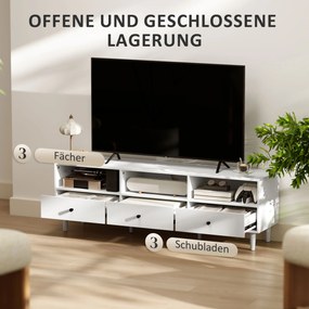 TV stolek HOMCOM s přihrádkami a šuplíky, 140 cm dlouhý TV konzole pro TV do 75 palců s úložným prostorem a organizací kabelů, bílý 140x34x45cm