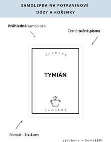 Samolepka na kořenky TYMIÁN průhledná 3 × 4 cm tučné písmo