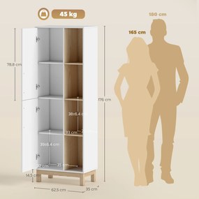 HOMCOM Knihovna vysoká 176 cm, 4 otevřené police, 2 skříňky, volně stojící knihovna, MDF, bílá