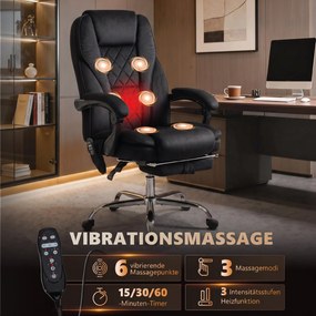 Masážní kancelářské křeslo Vinsetto s vyhříváním — ergonomické, polohovatelné, s nastavitelnou výškou, kabelovým ovládáním, výsuvnou podnožkou a 360°…