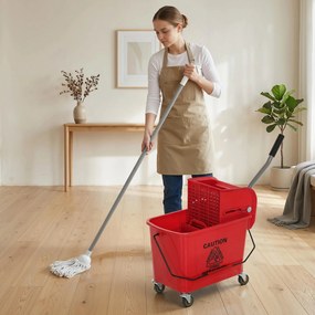 HOMCOM kyblík na vytírání s ždímacím zařízením, přepážkou na oddělení vody a kolečky, objem 20 l pro domácí úklid, 45x26,5x70 cm, červený
