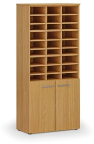 Třídící regál s dveřmi PRIMO WOOD, 800 x 420 x 1781 mm, 27 přihrádek, buk