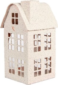 Béžový antik kovový svícen domek s pískovaným povrchem Vintage House - 14*14*26 cm