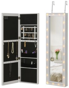 HOMCOM Skříňka na šperky (šperkovnice) se zrcadlem a LED osvětlením, nástěnná / závěsná, bílá, 36,6 x 8 x 120 cm 831-330