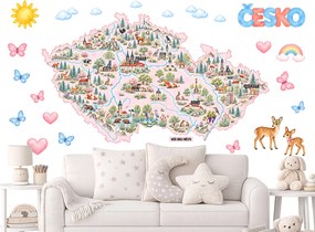 Mapa Česko pro holky dětské samolepky na stěnu arch 75 x 43 cm