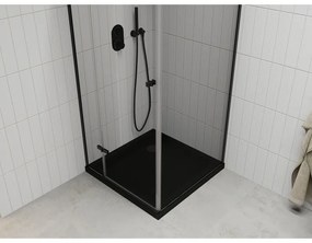 Mexen Roma, sprchový kout s 1-křídlými dveřmi 90 (dveře) x 90 (stěna) cm, 6mm čiré sklo, černý profil, slim sprchová vanička 5cm černá s černým sifonem, 854-090-090-70-00-4070B