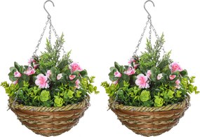 Outsunny Sada 2 Umělých Rostlin Lisianthus v Květináči s Háčkem, Umělé Rostliny z PE a Slinky, Ø25x34 cm, Zelená a Růžová | Aosom