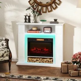 HOMCOM Elektrický krb s LED světly, realistický efekt plamenů, 1800W, krbový říms, 2 dálkové ovladače, sklo, bílá
