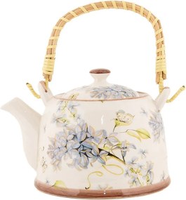 Krémová konvička s modrými květy a se sítkem - 18*14*12 cm / 800 ml