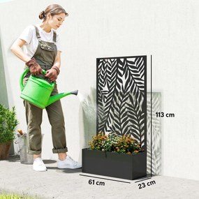 Truhlík na květináče s ochrannou mříží Truhlík na květináče s mříží s motivy tropických listů 61 x 23 x 113 cm Černá barva