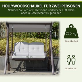 Dvoumístná hollywoodská houpačka Outsunny se sluneční stříškou, polštáři a podnosem, moderní zahradní houpačka z kovu a polyesteru, šedá, 162x118x173…