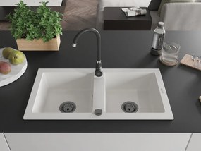 Mexen Mario, granitový dřez 820x436x161 mm, 2-komorový, bílá s černým sifonem, 6504822000-20-B