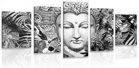 5-dílný obraz Buddha na exotickém pozadí v černobílém provedení - 200x100 cm