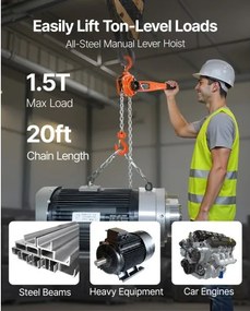 Ruční pákový řetězový kladkostroj, Nosnost 1 1/2T 1500KG VEVOR