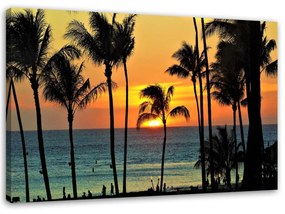 Obraz na plátně Palmy při západu slunce na pláži - 60x40 cm