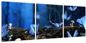 Obraz modrých motýlů (s hodinami) (90x30 cm)