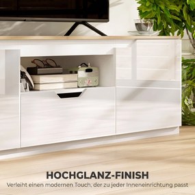 HOMCOM TV nízká komoda, vysoký lesk, pro televizi až 65'', 3 přihrádky, zásuvka, 160 x 38 x 43 cm, přírodní dřevo