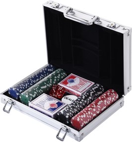 Pokerový kufřík HOMCOM s 200 žetony, 2 balíčky karet a 5 kostkami v hliníkovém kufříku, 29,5x20,5x6,5 cm, ideální pro herní večery