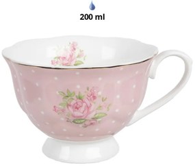 Růžový puntíkatý porcelánový šálek s podšálkem se vzorem růžiček Sweet Roses – 200 ml