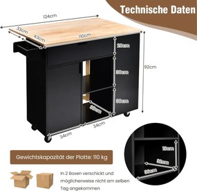 Costway Kuchyňský ostrůvek na vozíku s výsuvnou pracovní plochou, černý