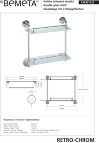 Bemeta Design RETRO chrom: Polička, 400 mm, dvojitá, sklo -