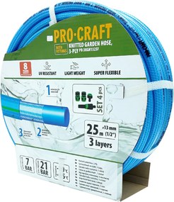 Procraft PR-3KGH1325F - modrá zahradní hadice, 3-vrstvá, 1/2", 25m, s příslušenstvím