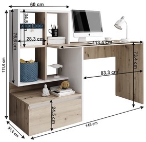 PC stůl, dub artisan/bílý mat, NEREO