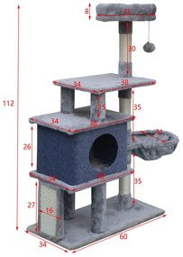 PEPU Škrabadlo pro kočky Fudajo tmavě šedé 112cm vysoké škrabadlo s domečkem pro kočky