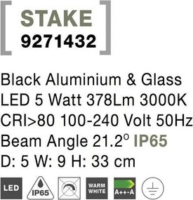 NV 9271432 Venkovní svítidlo s bodcem STAKE černý hliník a sklo LED 5W 3000K 100-240V 21st. IP65 - NOVA LUCE