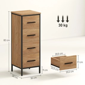 HOMCOM Úzká koupelnová skříňka s 4 zásuvkami a ocelovým rámem 30x30x82 cm Dub