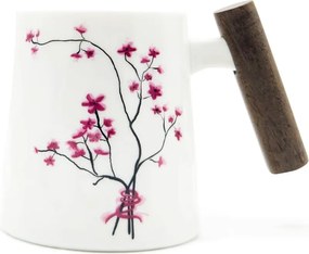 Porcelánový hrnek s dřevěnou rukojetí Sakura, 400 ml – bílý, s motivem sakury a vlnkovým reliéfem
