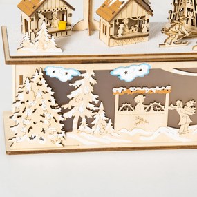 HOMCOM Vánoční dekorace, vánoční vesnička, 10 LED, teplé bílé světlo, 45 x 10 x 25 cm, dekorace ze dřeva