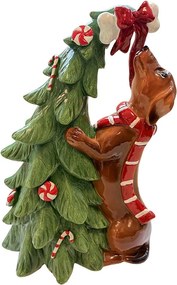 Vánoční dekorace figurka psa jezevčíka u stromku – 23*16*32 cm