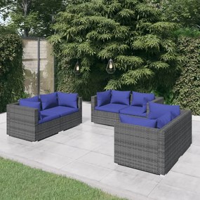 vidaXL 6dílná zahradní sedací souprava s poduškami polyratan [3102298] Barva: Šedá a tmavě modrá
