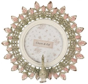 Růžovo-zelený antik fotorámeček páv s roztaženými pery - 14*3*14 cm / Ø 8 cm