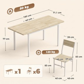 HOMCOM rozkládací jídelní set 120-160 cm se 6 židlemi pro 4-6 osob, vzhled dubu