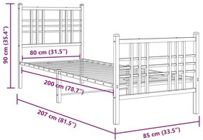 Kovový rám postele s hlavovým a nožním čelem černý 80 x 200 cm
