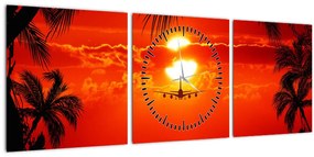 Obraz - západ slunce s letadlem (s hodinami) (90x30 cm)