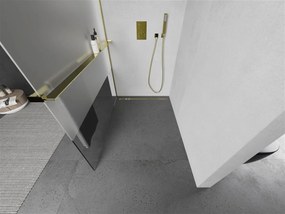 Mexen Kioto+, sprchová zástěna s poličkou a držákem na ručníky 140 x 200 cm, 8mm čiré sklo vzor námraza, zlatý profil, 800-140-121-50-35