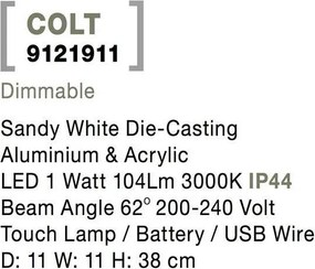 NV 9121911 Venkovní stolní lampa COLT bílý litý hliník a akryl LED 2W 3000K IP54 62st. 5V DC vypínač na těle USB kabel stmívatelné - NOVA LUCE