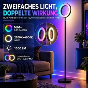 HOMCOM Stojací lampa 42W LED stmívatelná, 3 barevné teploty, stropní reflektor s nastavitelnou hlavou ve tvaru kruhu, černá