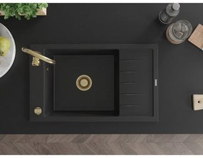 Mexen Elias, granitový dřez granitový 795x480x200 mm, 1-komorový, černá se zlatým sifonem, 6511791005-77-G