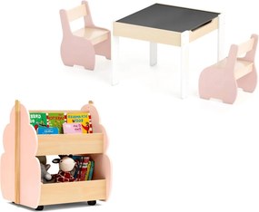 Costway Dětský stolek se 2 židlemi a pojízdnou knihovnou, růžový
